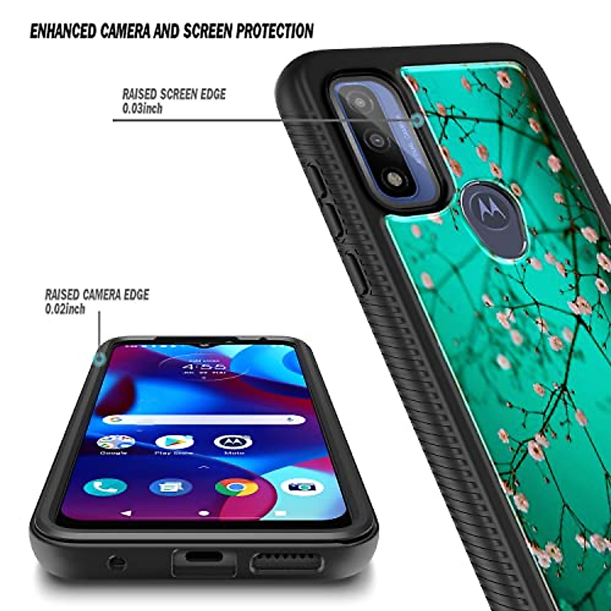 NZND Case for Motorola Moto G Pure, Moto G Play 2023/G Power 2022 with [Built-in Screen Protector], Full-Body Protective Shockproof Rugged Bumper Cover Durable Phone Case (Plum Blossom)