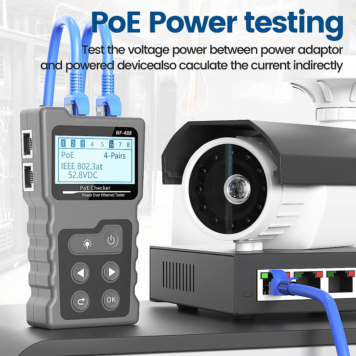 RJ45 Network Cable Tester, VXSCAN Multifunction Poe Ethernet Cable Tester Kit for CAT5e/CAT6/CAT6a, Network Cable Continuity Tester DC Power & Switch Loop-Back Test Poe Checker