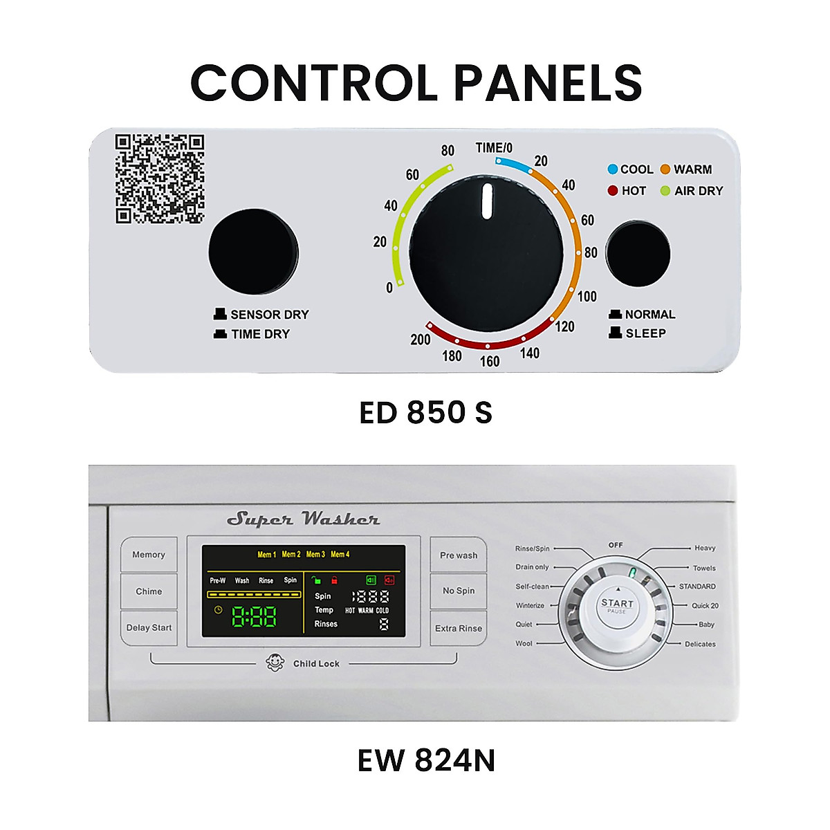 Equator 110V Compact Set Digital Washer 1.57cf + Vented Sensor Knob Dryer 3.5cf in White