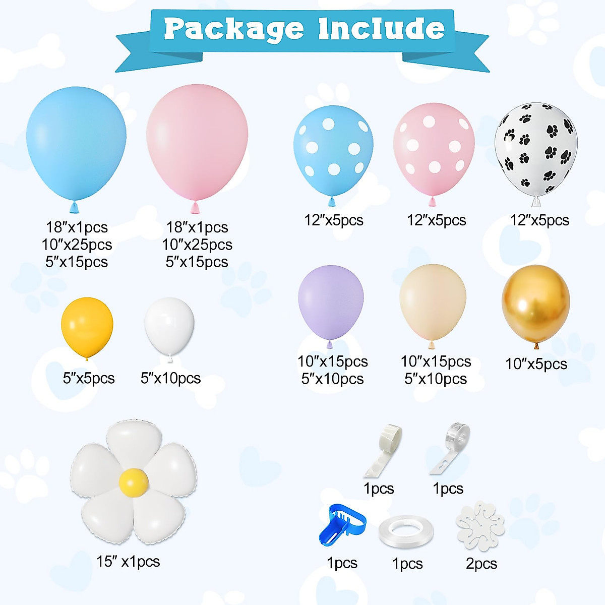 Ouddy Life 176Pcs Blue Balloons Arch Garland Kit, Blue Birthday Decorations Girl with Dog Paw Bone Daisy flower Pink Blue Purple Blush Balloons for Girls Boy Puppy Birthday Party Baby Shower Decor