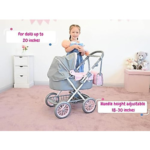 KOOKAMUNGA KIDS Baby Doll Stroller - Foldable Baby Stroller for Dolls - Play Stroller & Bassinet w/Retractable Canopy - Diaper Bag - Adjustable Soft Grip Handle - Ideal for 16” 18” & 20” Dolls