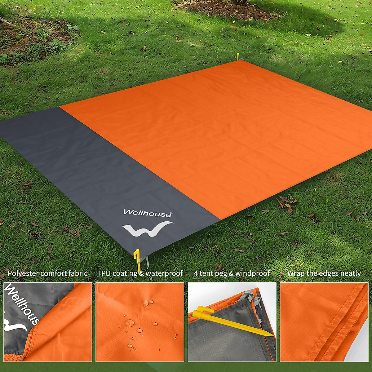 Sandproof Beach Blanket 79in x 83in Camping Mat Waterproof Picnic Blankets with Floating Waterproof Phone Pouch Washable Rug for Travel Hiking Music Grass BBQ Trips Lightweight Quick Drying Orange