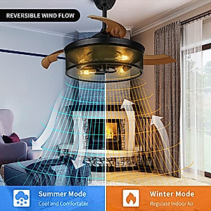 NEWORB 42 Inch Retractable Ceiling Fan with Lights, Reversible 6 Speeds Farmhouse Cage Fans Industrial Hidden Blade Ceiling Fans with Light and Remote, for Living Room, Bedroom, Patio, Black