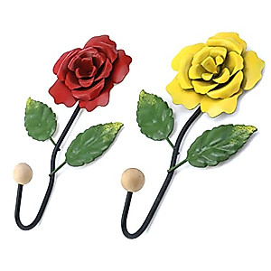 Mewutal 2PCS Decorative Rose Key Hook Wall Mounted Coat Holder Hat Rack for Hallway Bedroom Bathroom Living Room Cloakroom (Red+Yellow)