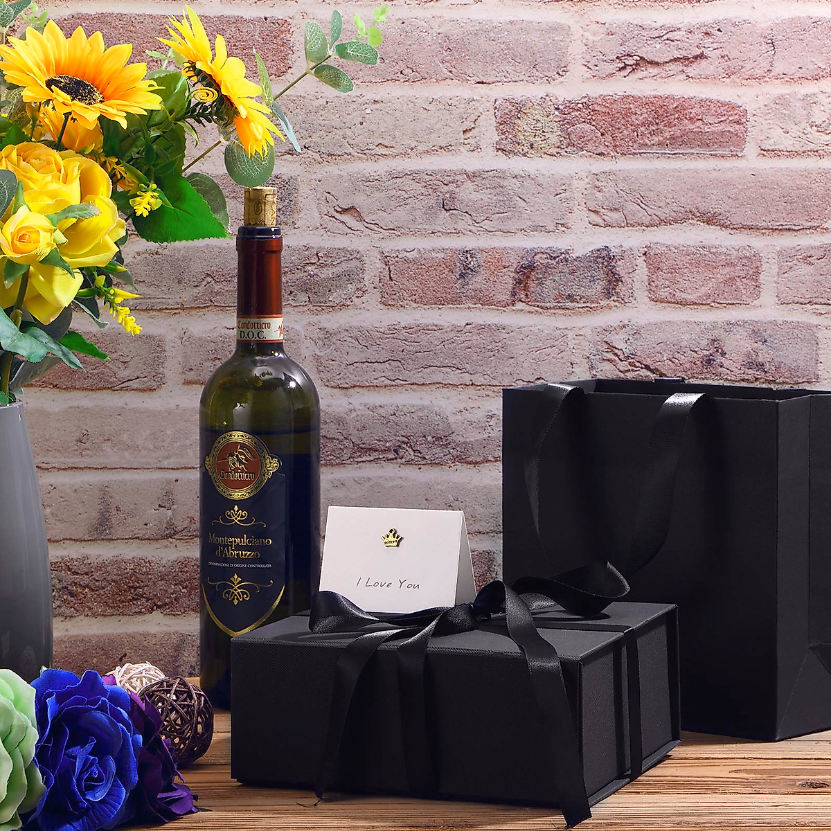 Gift Box 8 x 7 x 3 Inch,Valentines Day Present Box with Lid Paper Bridesmaids Proposal Box with Present Bag Card Ribbon Paper Filler,Gift Boxes for Presents,Wedding Birthdays Gift Packging (Black)