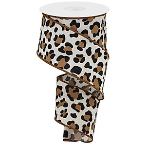 Cheetah Leopard Animal Spots Fuzzy Wired Ribbon, Brown Beige Natural - 2.5 Inches x 10 Yards