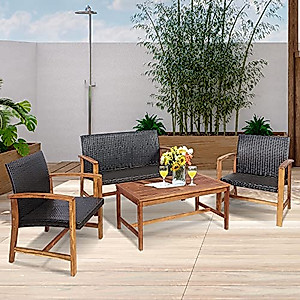 HAPPYGRILL 4 Pieces Patio Furniture Set Outdoor Patio Conversation Set with Coffee Table Loveseat Armchairs, Solid Acacia Wood, PE Wicker Surface, Modern Chat Set for Deck Poolside and Backyard