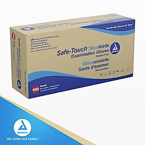 Dynarex Safe-Touch Disposable Nitrile Exam Gloves, Powder-Free, Latex-Free, Touchscreen Friendly, Blue, Small, 1 Box of 100 Disposable Nitrile Gloves