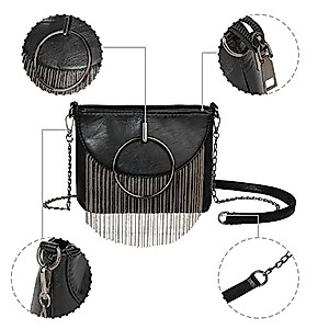 Hoce Women PU Leather Punk Shoulder Bag Rivet Tassel Purse Vintage Hobo Fringe Crossbody Bag Handbag, Pattern B