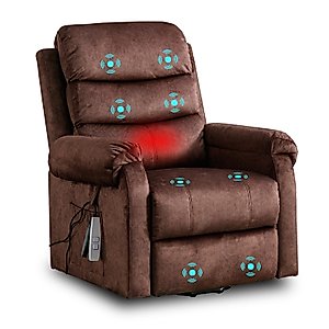 URRED Electric Lift Chairs Recliners for Elderly, Power Recliner Chair with Heat and Massage for Adult, Velvet Fabric Massage Recliner Sofa Chair with Lumbar Pillow, Side Pockets, USB Ports (Brown)