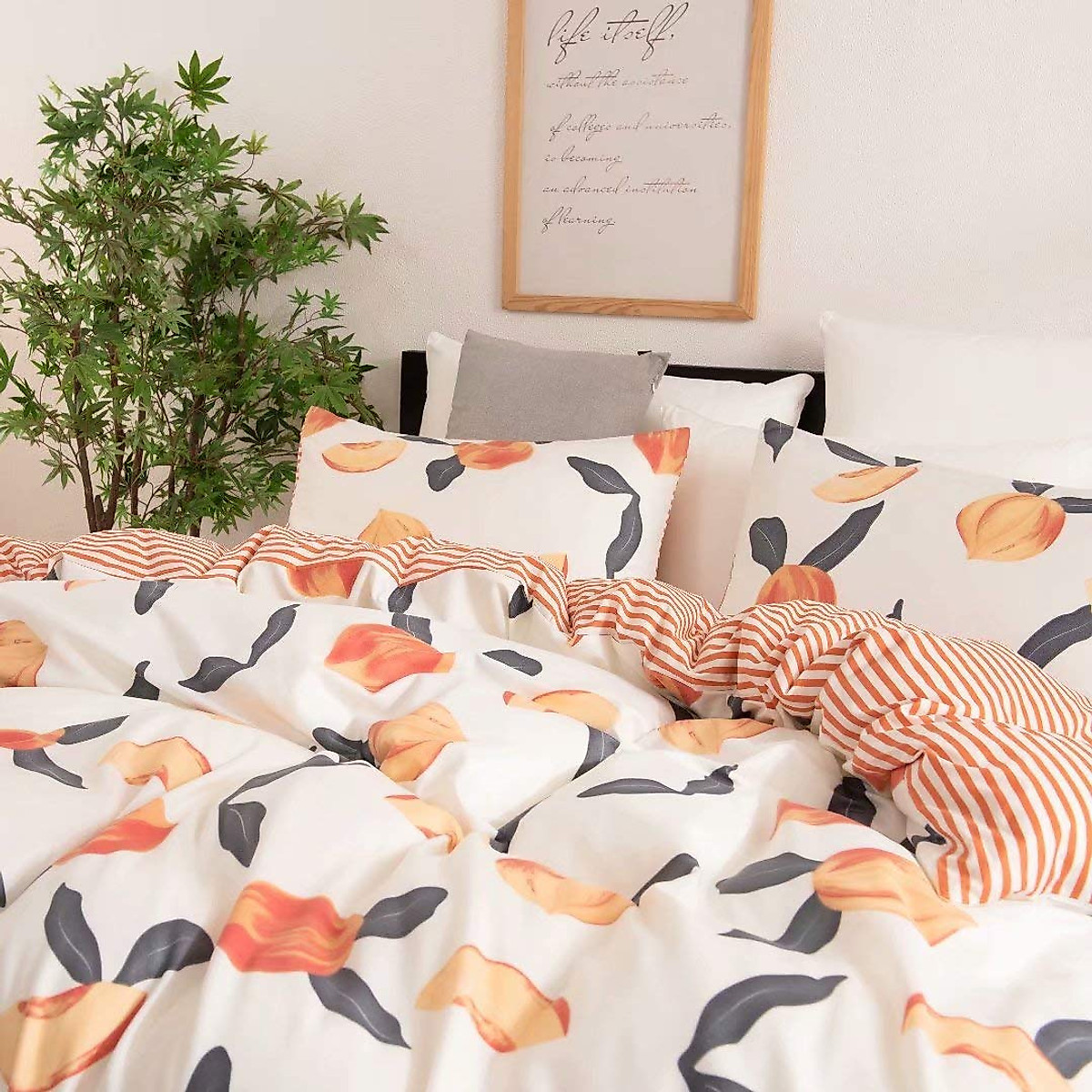 Peach Bedding Cute King Duvet Cover Set Soft Striped Duvet Cover with 1 Duvet Cover and 2 Pillowcases（Peach King）