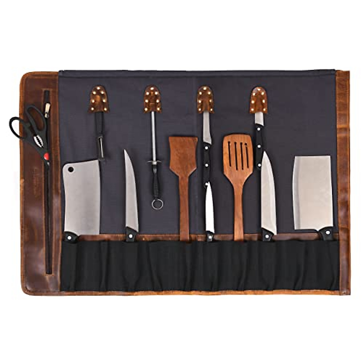 Leather Canvas Knife Roll Storage Bag Expandable 10 Pockets Detachable Shoulder Strap Travel-Friendly Chef Knife Case Roll By Aaron Leather Goods (Pittsburgh, Canvas Leather)