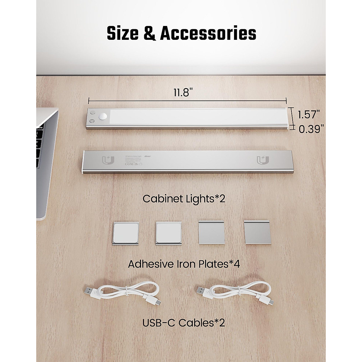 SUPERDANNY 47 LED USB-C Rechargeable Motion Sensor Under Cabinet Lights, 12" Closet Lights, 6000K Dimmable Under Counter Lights for Kitchen Wardrobe Stair, 2 Pack