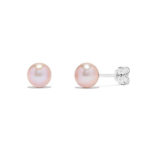 14K Gold Round Pink Freshwater Cultured Pearl Classic Bridal Stud Earrings - Choice of Sizes & Gold Color (6-6.5mm, White Gold)