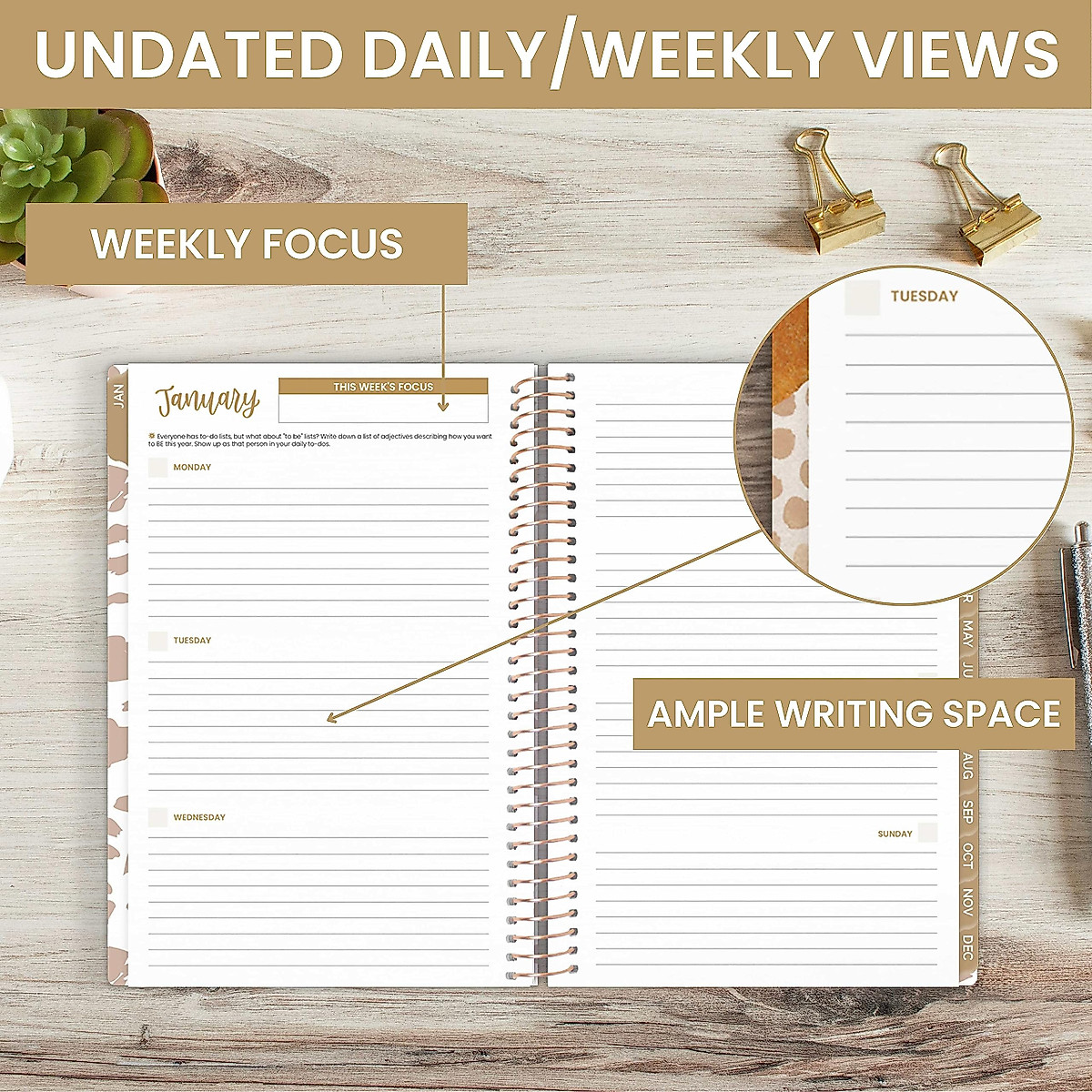 bloom daily planners UNDATED Calendar Year Day Planner - Passion/Goal Organizer - Start Anytime Monthly/Weekly Agenda Book with Tabs (January to December) - 5.5" x 8.25" - Tan Leopard