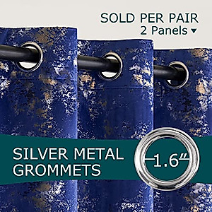 Woaboy 90% Blackout Glitter Velvet Curtains 84In Long Soft Luxury Gold Foil Print Window Curtain for Bedroom Living Room Blackout Darkening Thermal Insulated Grommet 2 Panels 52W x 84L Navy