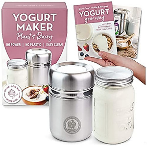 Stainless Steel Yogurt Maker with 1 Quart Glass Jar and Complete Recipe Book to Make 12+ Easy Homemade Dairy Free and Milk Yogurts