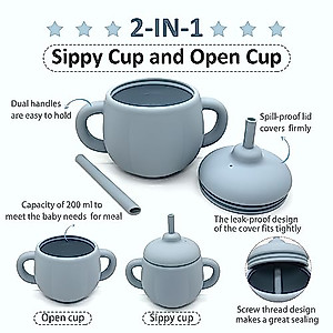 Santi & Me 2-1 Silicone Straw Cup for Baby, Spill-proof Sippy Cup for Babies 6-12-18 Month, Open Training Water Cups with Easy-Hold Handle, Baby Led Weaning Cups - BPA Free - 8.8oz (Dusty blue)