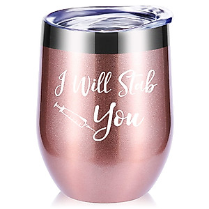 momocici I Will Stab You 12 OZ Wine Glasses Tumbler.Funny Nurse Week,Nurse Gifts.Gag Nursing Graduation Gifts for Nurse.Nurse Practitioner Gifts Travel Mug(Rose Gold)