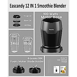 900 Watts Smoothie Blender for Shakes and Smoothies, 12 in 1 Set Bullet Personal Blender with Milk Frother, Germany 3D Stainless Steel 6-Leaves Blades Smoothie Maker, 24oz and 18oz Tritan BPA-Free To-Go Cups