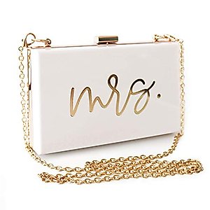 ModParty Mrs Acrylic Clutch Purse | Bridal Shower, Engagement, & Honeymoon Gift | Bride to Be Accessory | Crossbody with Removable Chain | White and Gold