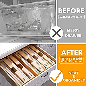 SpaceAid WrapNeat 2 in 1 Wrap Organizer with Cutter and Labels, Plastic Wrap, Aluminum Foil and Wax Bamboo Dispenser for Kitchen Storage Organization Holder for 12" Roll (Natural)