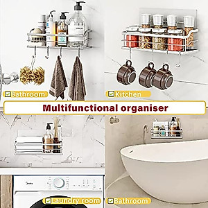 BDS-DELWINS Shower Caddy Basket Shelf with Hooks Adhesive Wall Mounted Bathroom Rack No Drilling Rustproof 304 Kitchen Storage Organizers (Silver)-1 Pack