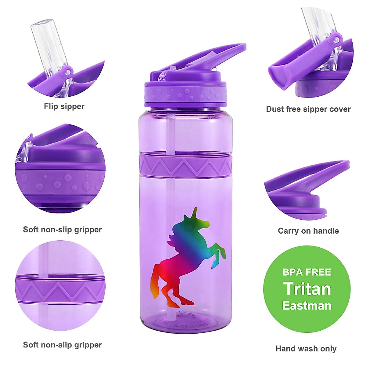 Home Tune 23oz Water Bottle with Straw, BPA Free Tritan, Leak Proof, Dust Proof Flip Straw, Easy Clean, Carry Handle - Unicorn