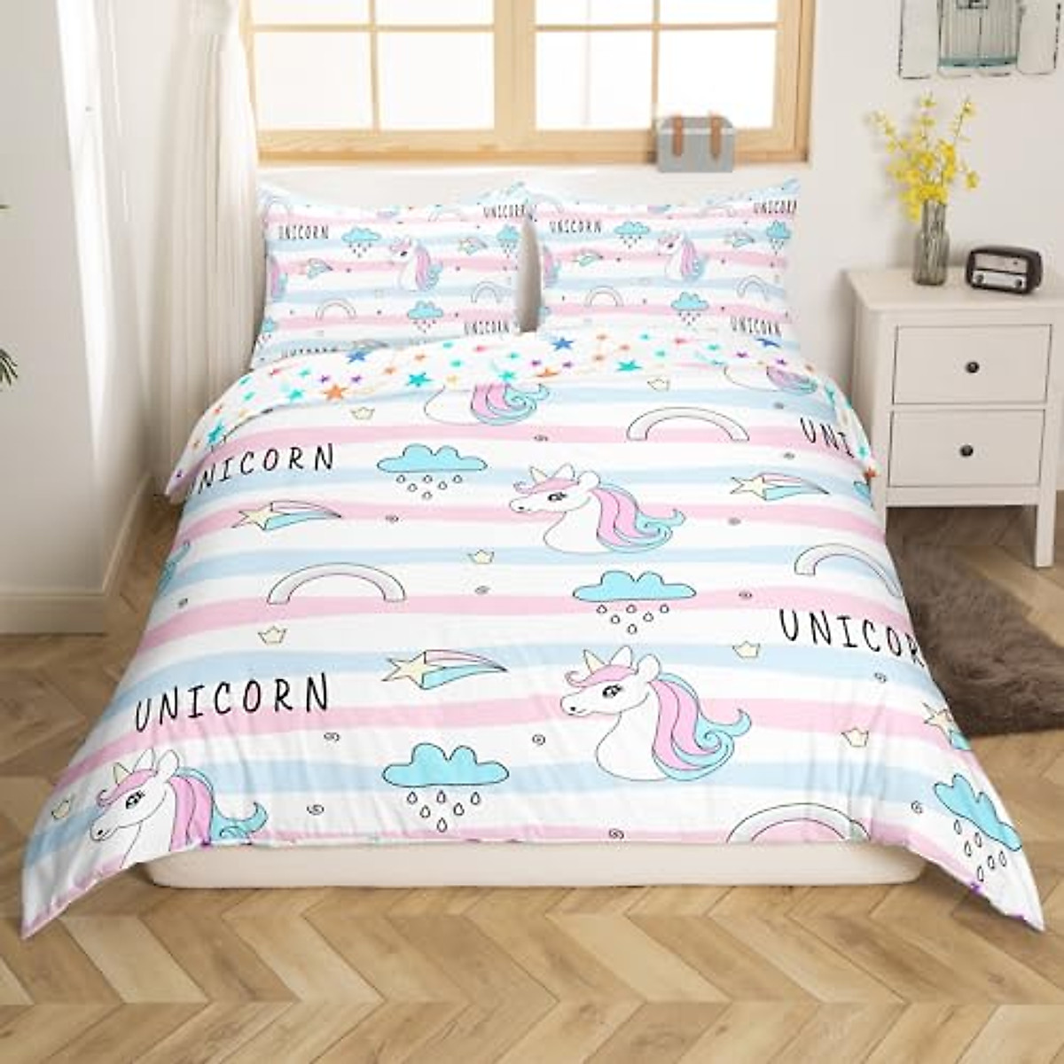 Feelyou Cute Unicorn Bedding Set Twin Size Pink Blue Stripe Duvet Cover for Kids Boys Girls Teens Rainbow Cloud Comforter Cover Set Kawaii Bedspread Cover 2Pcs Zipper