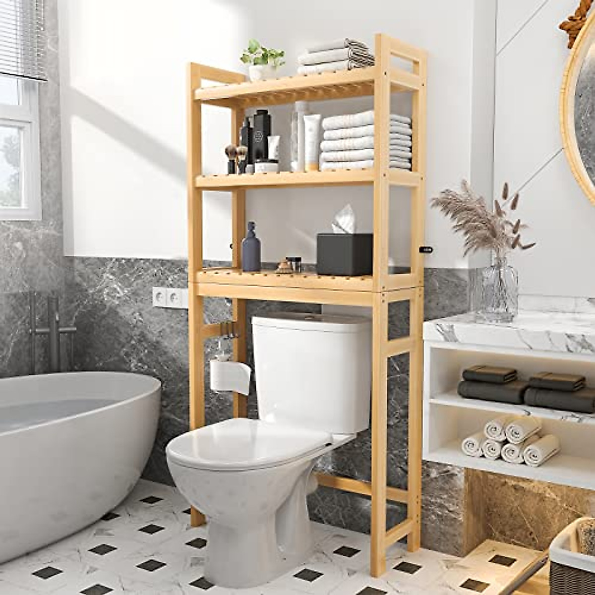 Homykic Bamboo Over The Toilet Storage Shelf and 4-Tier Ladder Bookshelf Bundle, Natural