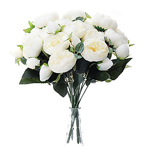 NINAT Peony Artificial Flowers Artificial Bouquet Fake Flowers Silk 20 Heads 16 Buds with Flower Stem for Wedding Valentine's Day Party Home Decoration Pack of 4 (White)