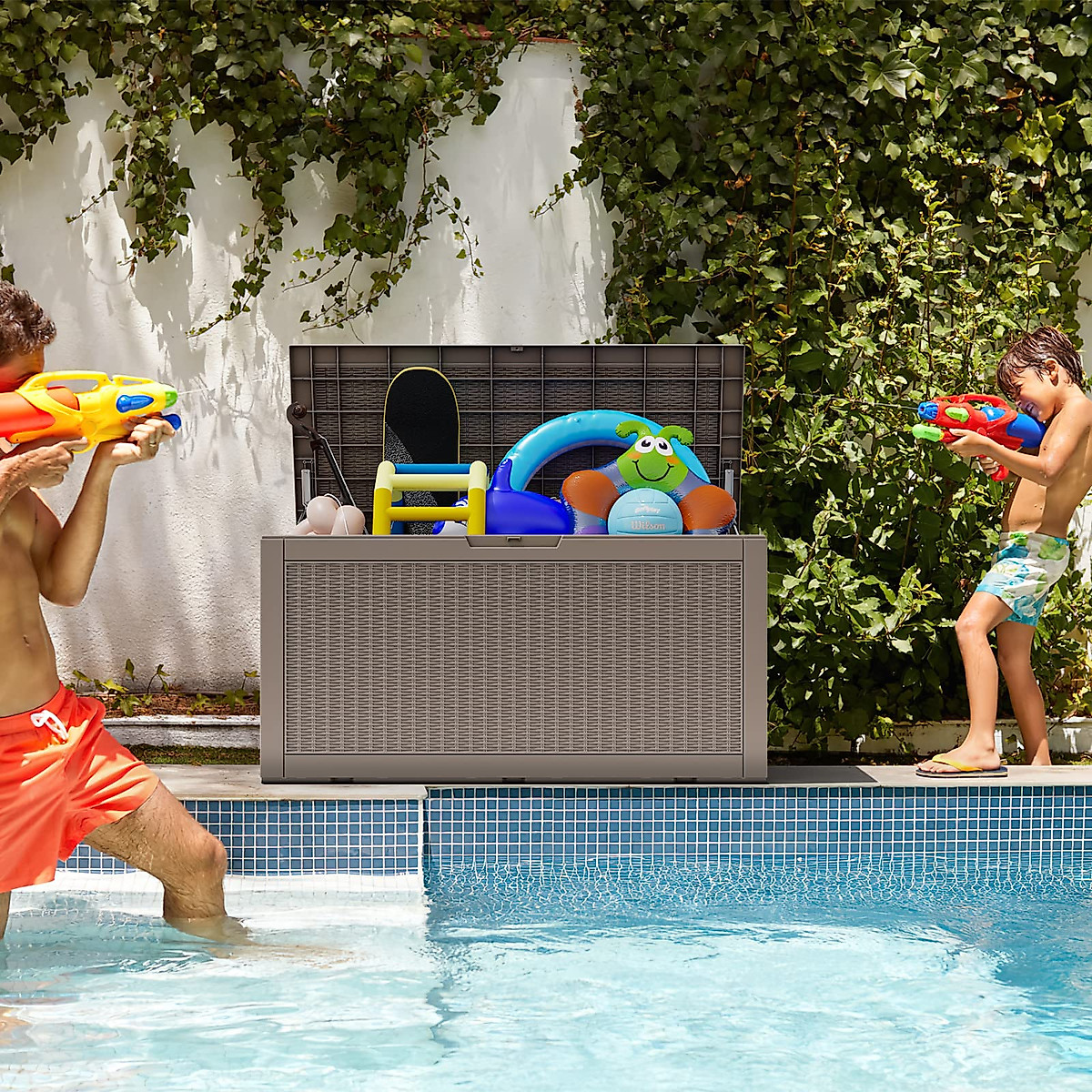 MAIUSCOLI 100 Gallon Outdoor Storage Box - Resin Deck Box for Waterproof Patio Furniture and Storage Bench - Lockable and UV-resistant for Pool and Outdoor (Grey)