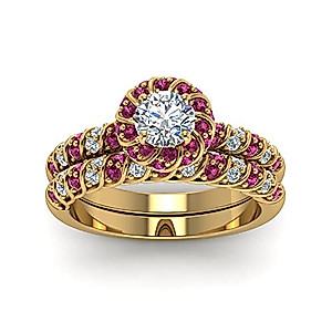 CustomizedGifts Twisted Rope Set yellow gold plated Created Pink Sapphire Round shape Pink color Wedding Ring Sets pave Setting in Size 10 Lightweight Office Wear Everyday Gift Jewelry