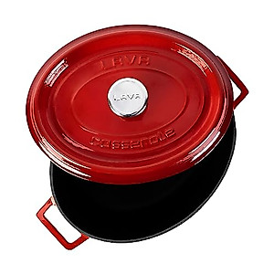 LAVA 7.5 Quarts Cast Iron Dutch Oven: Multipurpose Stylish Oval Shape Dutch Oven Pot with Three Layers of Enamel Coated with Trendy Lid (Red)