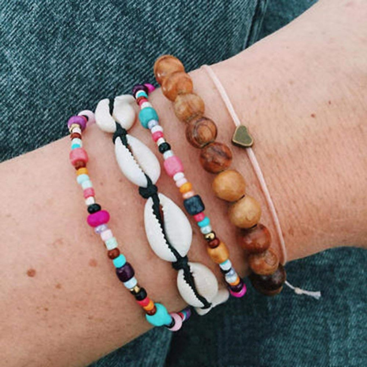 4 Pack Adjustable Shell Bracelets Anklets Set Natural Cowrie Shell Beads Puka Seashells Ankle Jewelry for Men Women Valentine's Day Gifts