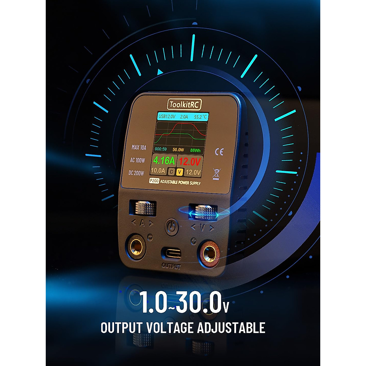 NEW ToolkitRC P200 V2 Mini 30V Supply AC100W DC200W 10A GaN Adjustable Mini Desktop Power Supply USB Output 4.0mm banana female port with TypeC 65W Output fast charging