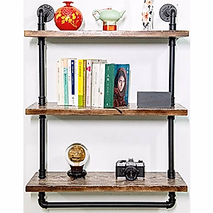 BIXIRAO Industrial Wall Mounted Iron Floating Pipe Shelves/Shelving/Racks/Storage/Bookcases/Brackets, DIY Open Bookshelves/Shelving for Kitchen/Office, Retro Black (3-Tier Floating Shelves)
