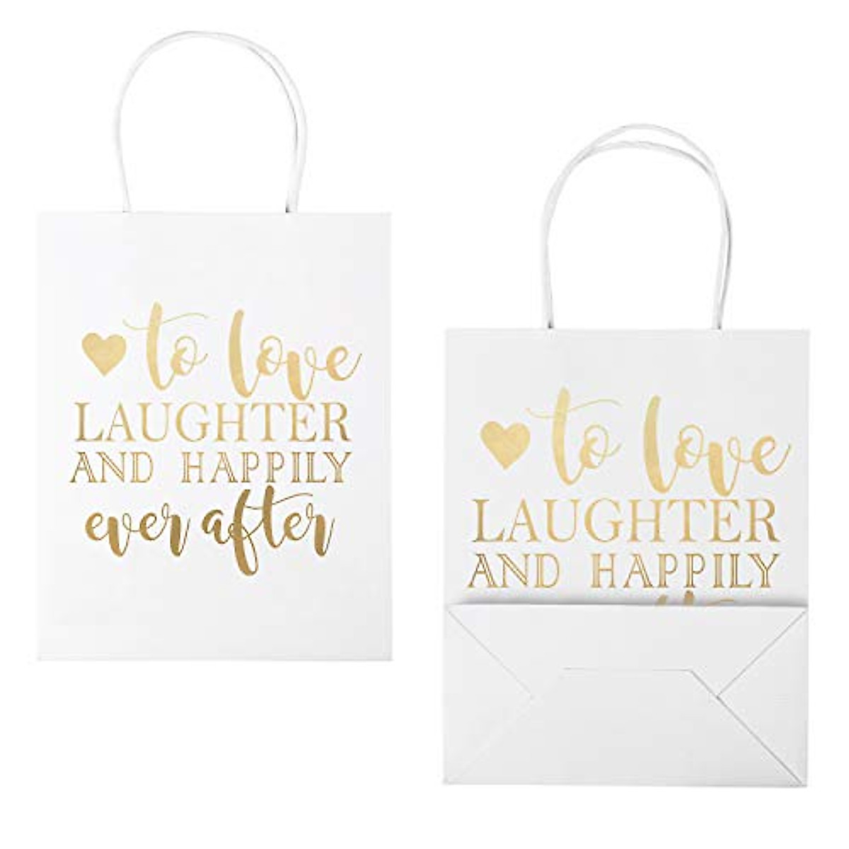 LaRibbons Medium Size Gift Bags - Gold Foil to Love Laughter and Happily Ever After White Paper Bags with Handles for Wedding, Birthday, Baby Shower, Party Favors - 12 Pack - 8" x 4" x 10"