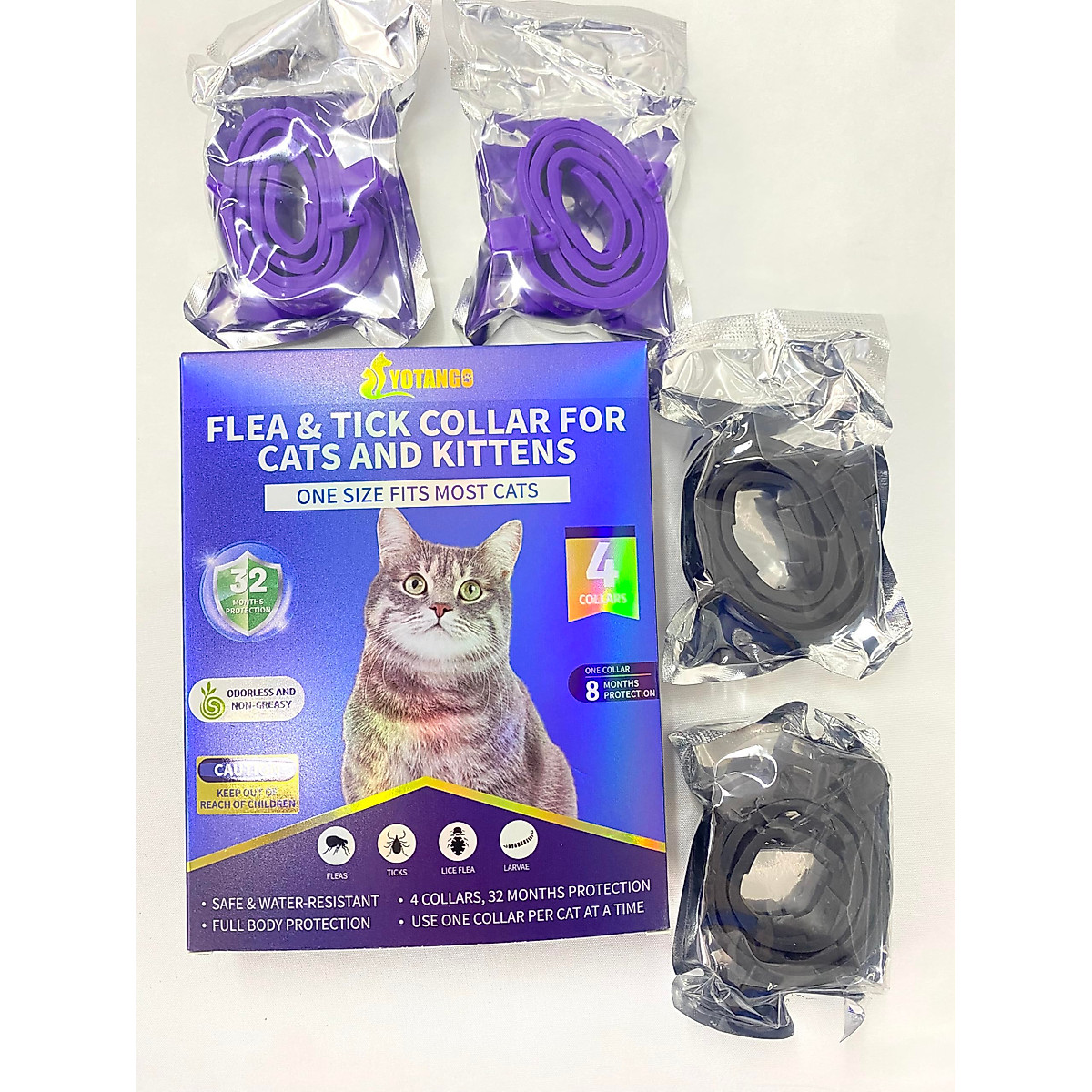 4 Pack Flea Collar for Cats 32Months Flea Tick Prevention for Cats Waterproof Cat Flea Collar Natural Cat Flea Tick Treatment Adjustable Flea Tick Collar for Cats Kittens(Black&Purple)