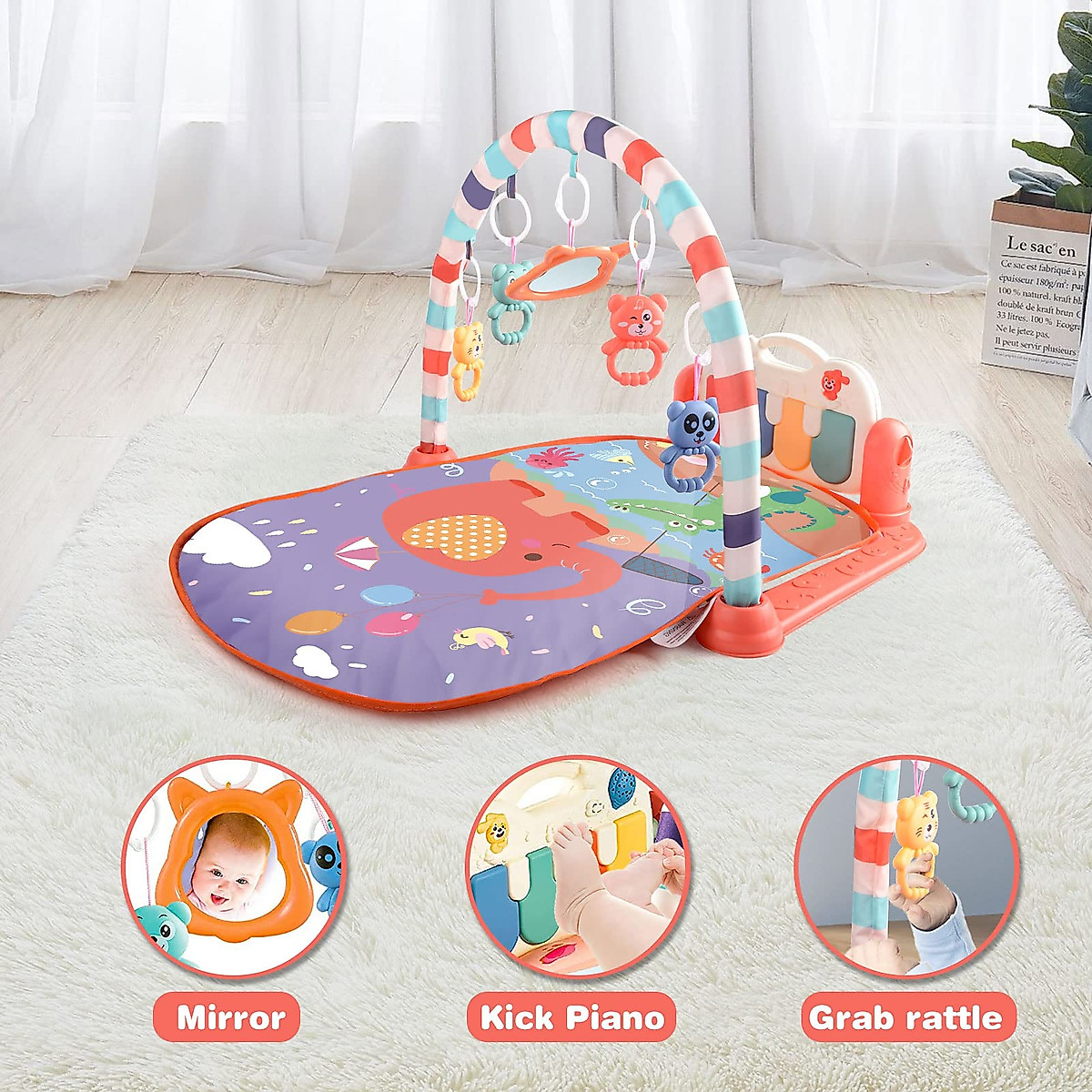 Baby Gym Play Mat, Kick and Play Piano Gym Mat for Infants, Tummy Time Mat Activity Center with Mirror for Newborn Toys 3-6-9 Months(Orange)