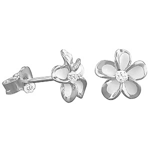 Hawaiian Silver Jewelry Plumeria Womens Stud Earrings – Hawaiian Flower Stud Earrings for Women – Sterling Silver Flower Earrings with CZ Stone – Sterling Silver Plumeria Earrings 7mm