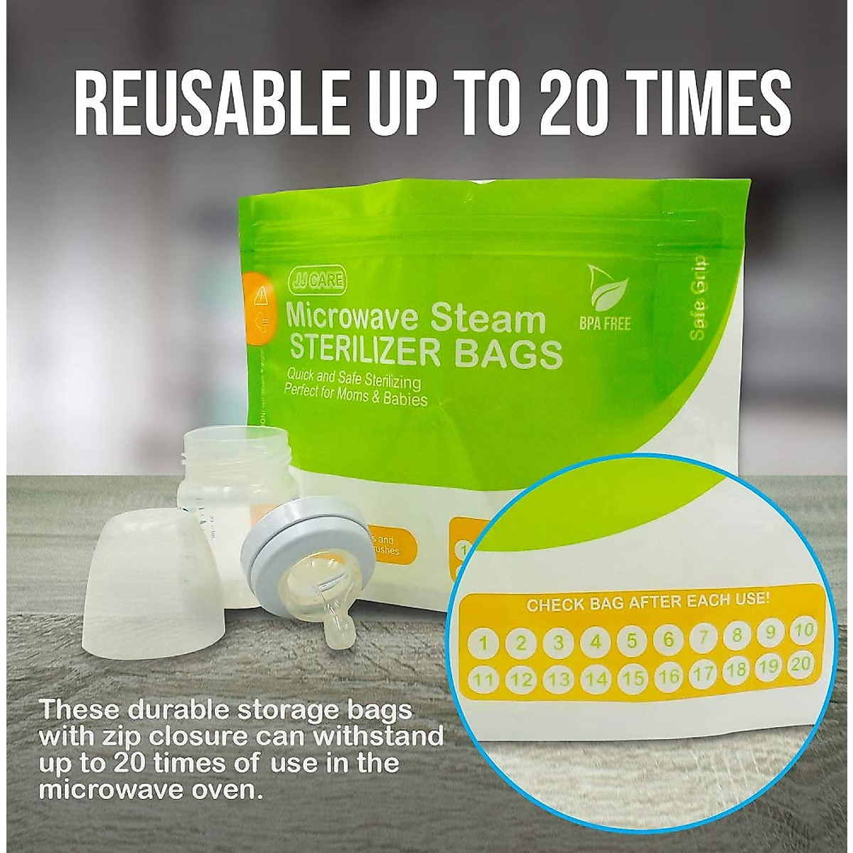 JJ CARE Microwave Bottle Sterilizer Bags [5 Count/Box - Pack of 4] - Travel Sterilizing Bags for Baby Bottles, Breast Pump, Bottle Parts, Pacifiers, Nipples, Soothers & Teethers