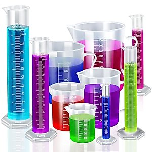 Plastic Graduated Cylinders& Plastic Beakers,Teenitor 5pcs Plastic Graduated Cylinders 10ml 25ml 50ml 100ml 250ml & 5pcs Plastic Beakers 50ml 100ml 250ml 500ml1000ml Clear 10pcs