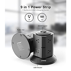 4 Side Power Strip Tower SAFEMORE with 7 Widely Outlets / 2 USB Ports, Flat Plug 6ft Charging Station for Home & Office (Black)