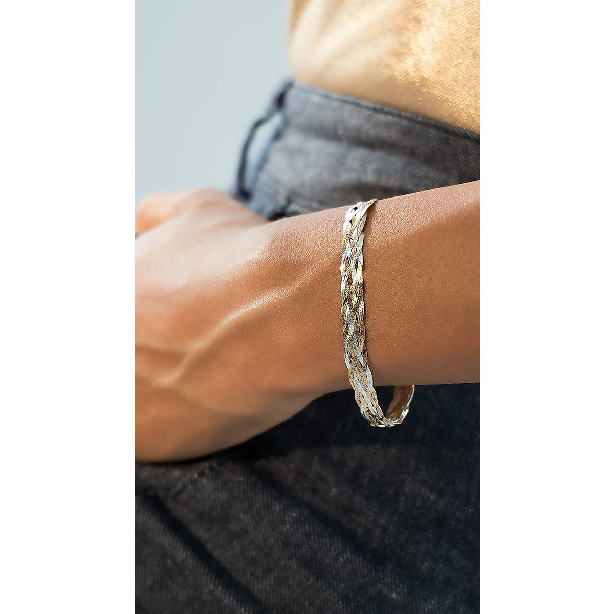 Miabella Tri-Color 18K Gold Over 925 Sterling Silver Italian 6-Strand 7mm Braided Herringbone Chain Bracelet for Women, Made in Italy (Length 6.5 Inches)