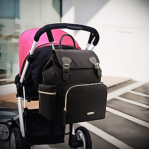 Vogshow Waterproof Diaper Bag, Multifunction Stylish Travel Backpack with 2 Stroller Hooks, Black