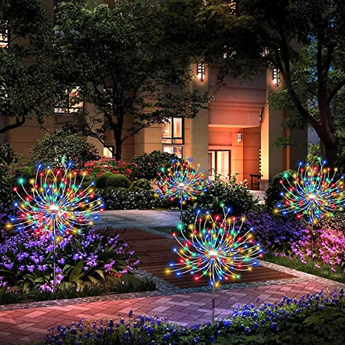 Happy Spark Solar Garden Outdoor Lights, 4 Pack Solar Firework Lights 120 LED Remote Control Decorative Lights Waterproof 8 Modes Landscape Lamp Decor Firefly Fairy Lights for Pathway Patio Yard