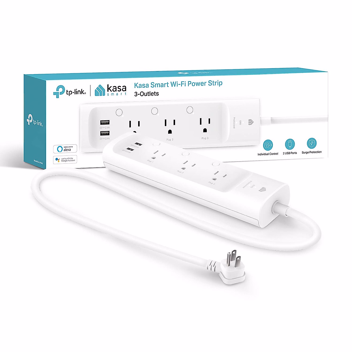 Kasa Smart Plug Power Strip KP303, Surge Protector with 3 Individually Controlled Smart Outlets and 2 USB Ports, Works with Alexa & Google Home, No Hub Required , White