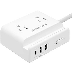 Maxxima 4 Outlet Desktop Power Strip with 3 USB Type-C/A Charging Ports 3.4A, Phone/Tablet Holder, 5’ Extension Cord, Nightstand Charging Station, Home Office and Hotel