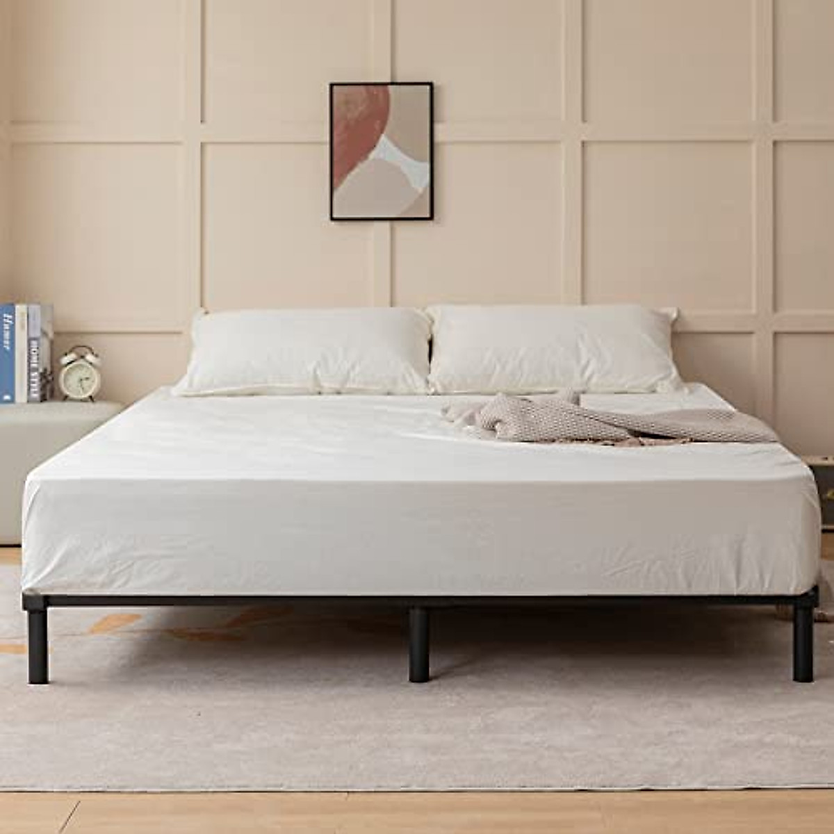 Queen Bed Frame, 7 Inch Metal Platform Bed Frame Queen Size No Box Spring Needed, Floor Bed Frame with Steel Slat Tool-Free Easy Assembly Non-Slip Mattress Foundation, 9-Leg Heavy Duty Bedframe, Black